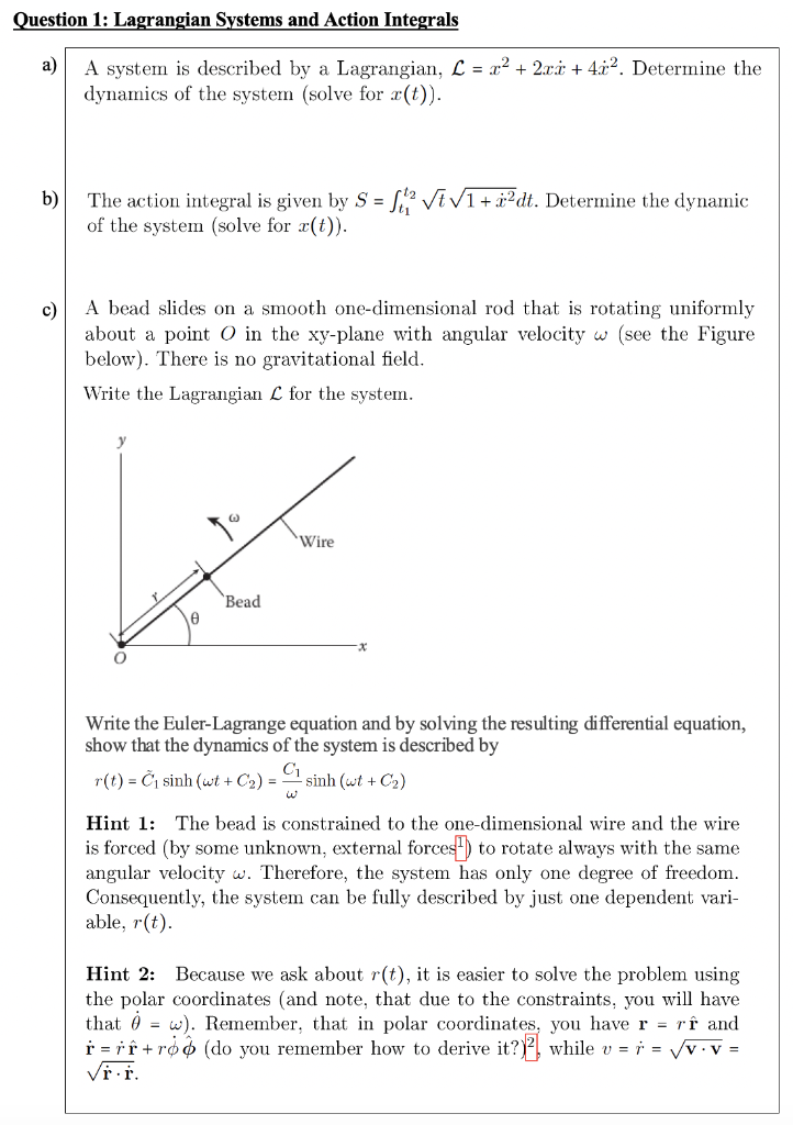 Solved Question 1: Lagrangian Systems and Action Integrals | Chegg.com