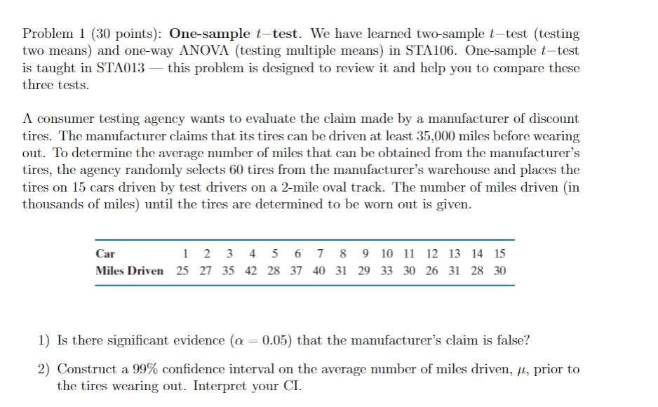 Solved Problem 1 (30 points): One-sample t-test. We have | Chegg.com