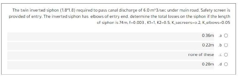 Solved The twin inverted siphon (1.81.8) required to pass | Chegg.com