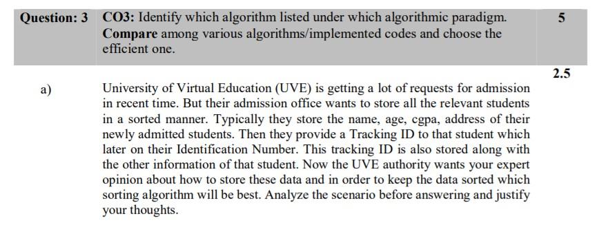 Solved 5 Question: 3 CO3: Identify which algorithm listed | Chegg.com