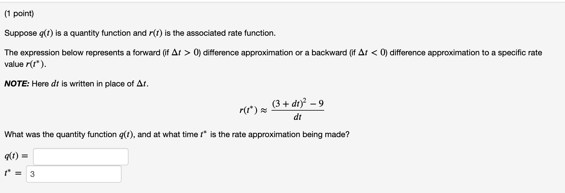 Solved (1 point) Suppose q(t) is a quantity function and | Chegg.com