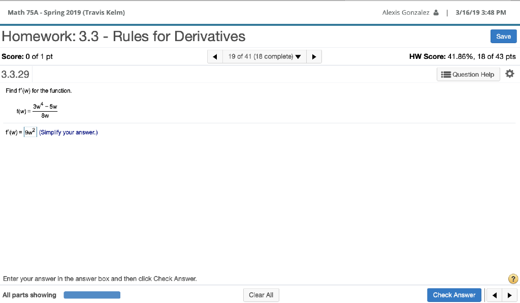 Solved Math 75A- Spring 2019 (Travis Kelm) Homework: 3.3 - | Chegg.com
