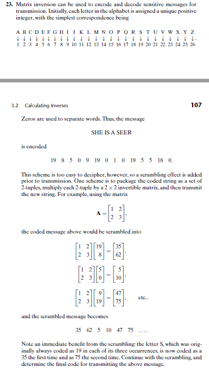 Solved 23. Matrix inversion can be used to encode and decode | Chegg.com
