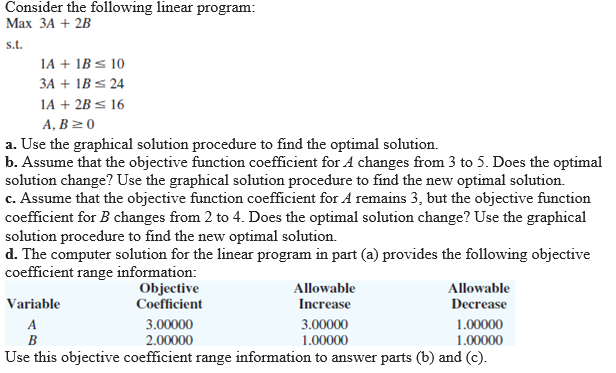 Solved Consider the following linear program: Max 3A + 2B | Chegg.com