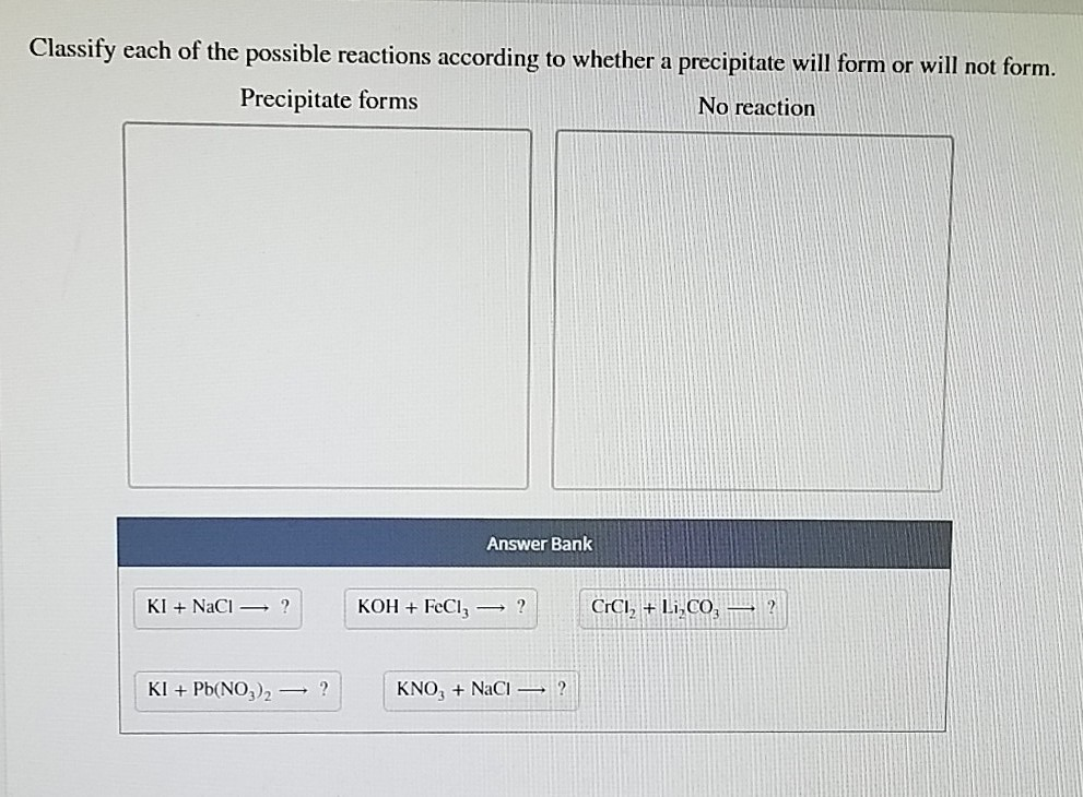 Solved Classify each of the possible reactions according to | Chegg.com