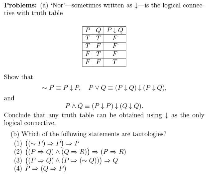 Solved Problems: (a) 'Nor'-sometimes written as ↓ - is the | Chegg.com