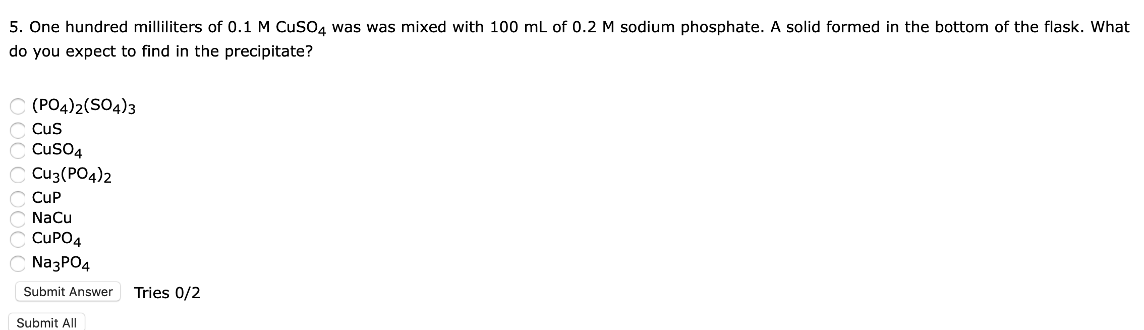 Solved 5. One hundred milliliters of 0.1 M CuSO4 was was | Chegg.com