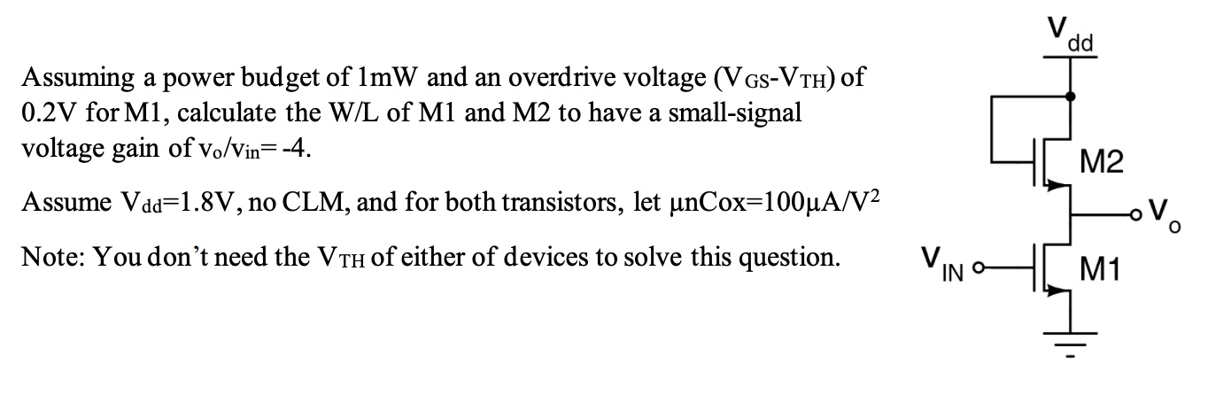Solved V dd Assuming a power budget of 1mW and an overdrive | Chegg.com