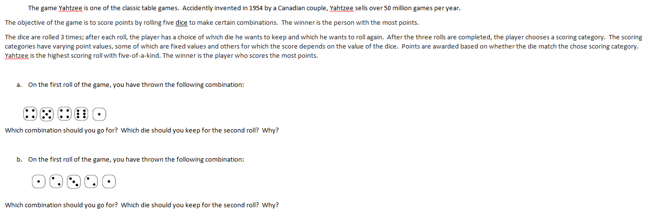Solved The game Yahtzee is one of the classic table games. | Chegg.com
