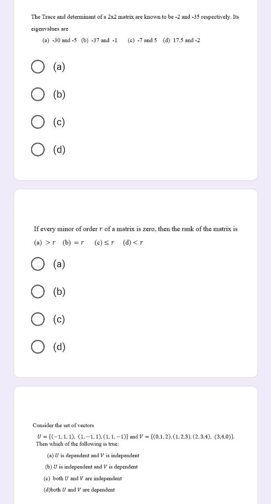 Solved The Trace and determinant of a 2x2 matrix are known | Chegg.com