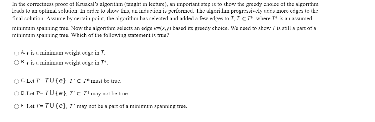 Solved In the correctness proof of Kruskal's algorithm | Chegg.com