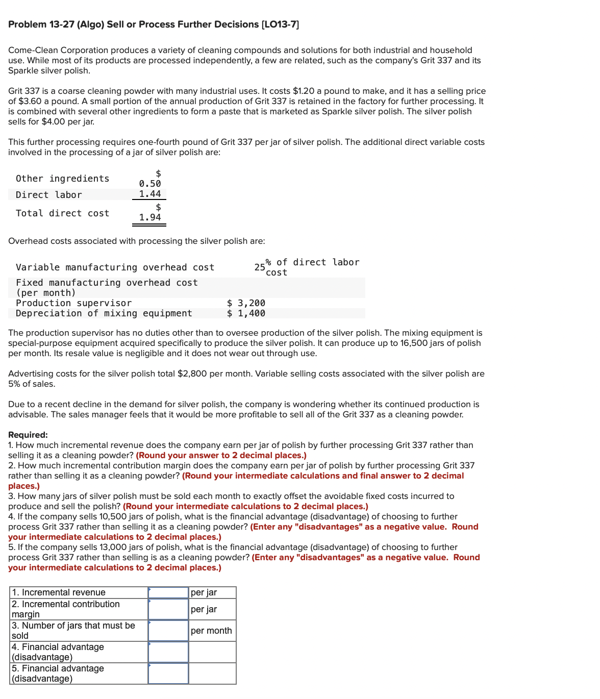 Solved Problem 13-27 (Algo) Sell or Process Further | Chegg.com