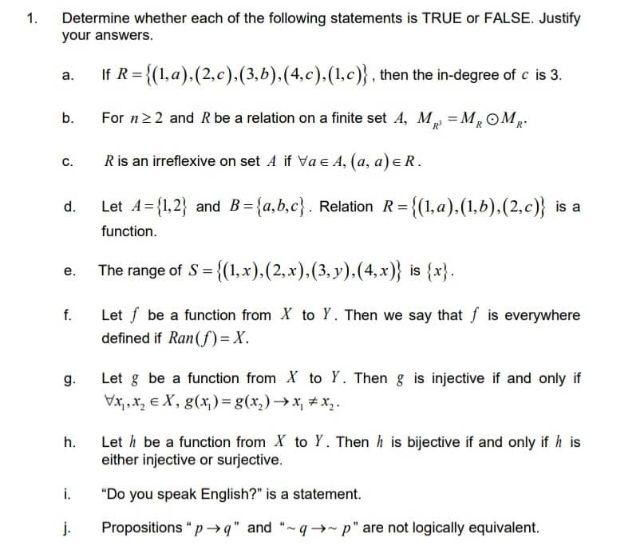 Solved 1. Determine whether each of the following statements | Chegg.com