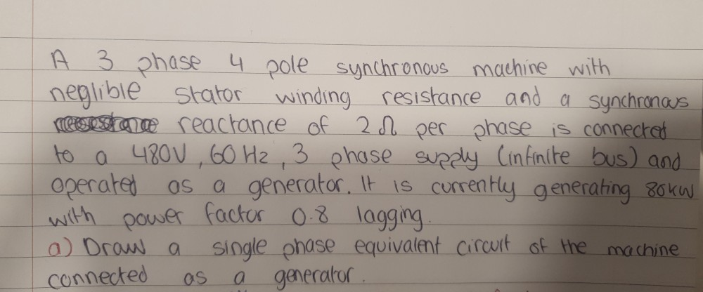 Solved A 3 phase 4 pole synchronous machine with neglible | Chegg.com