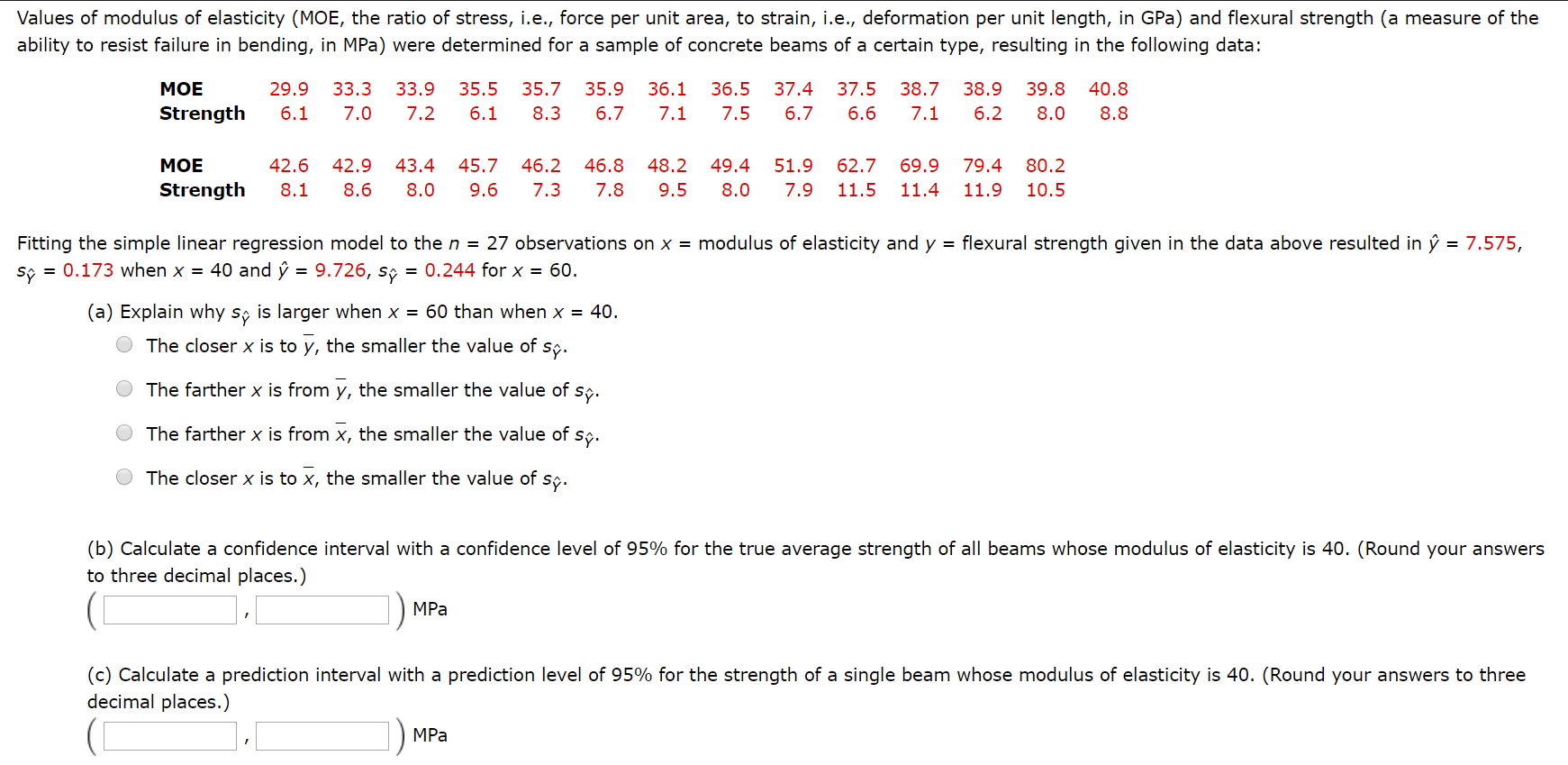 Solved Values of modulus of elasticity (MOE, the ratio of | Chegg.com