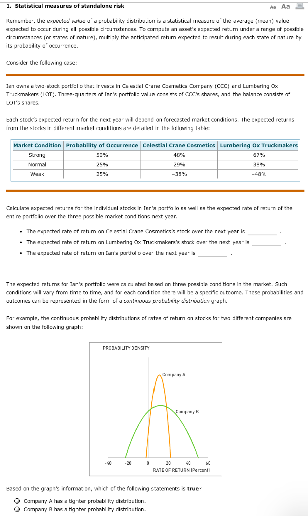 Solved 1. Statistical measures of standalone risk Aa Aa | Chegg.com