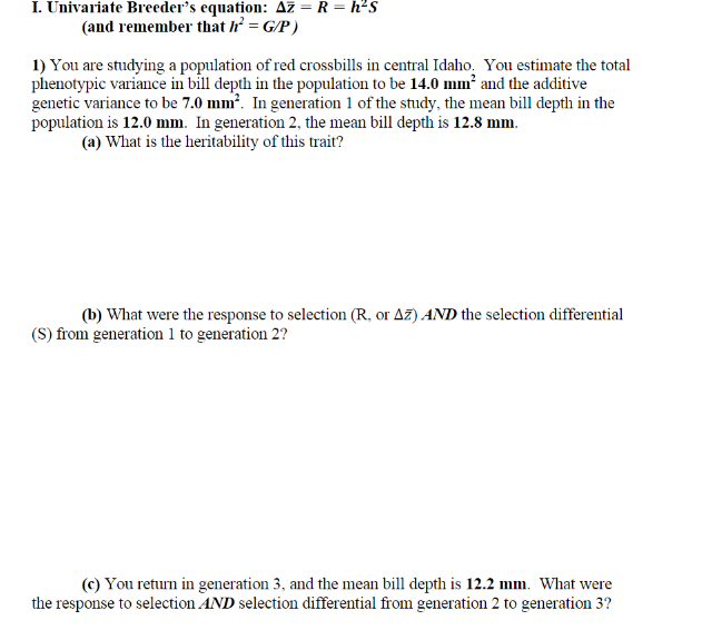 Solved = 1. Univariate Breeder's equation: Az = R = h's (and | Chegg.com