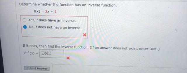 Solved Determine whether the function has an inverse | Chegg.com