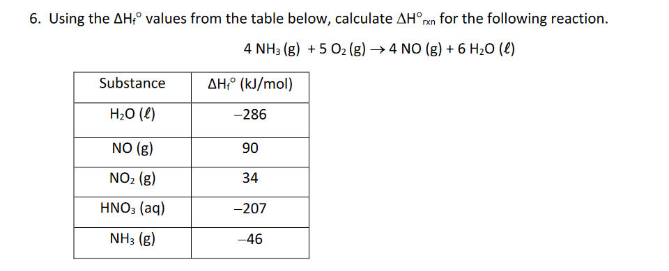 Solved 6. Using the AH values from the table below, | Chegg.com