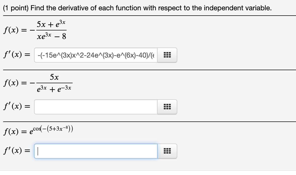 Solved (1 point) Find the derivative of each function with | Chegg.com