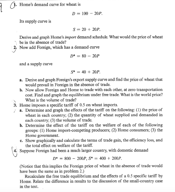 1. Home's demand curve for wheat is D = 100 - 20P. | Chegg.com