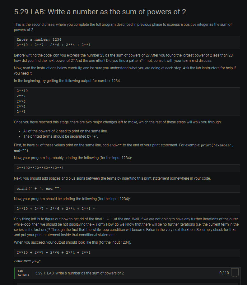 Solved 5.29 LAB: Write a number as the sum of powers of 2 | Chegg.com