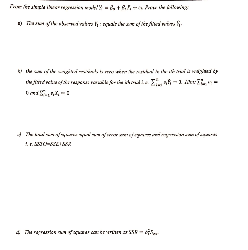 Solved From the simple linear regression model Yi = Bo +B1X1 | Chegg.com