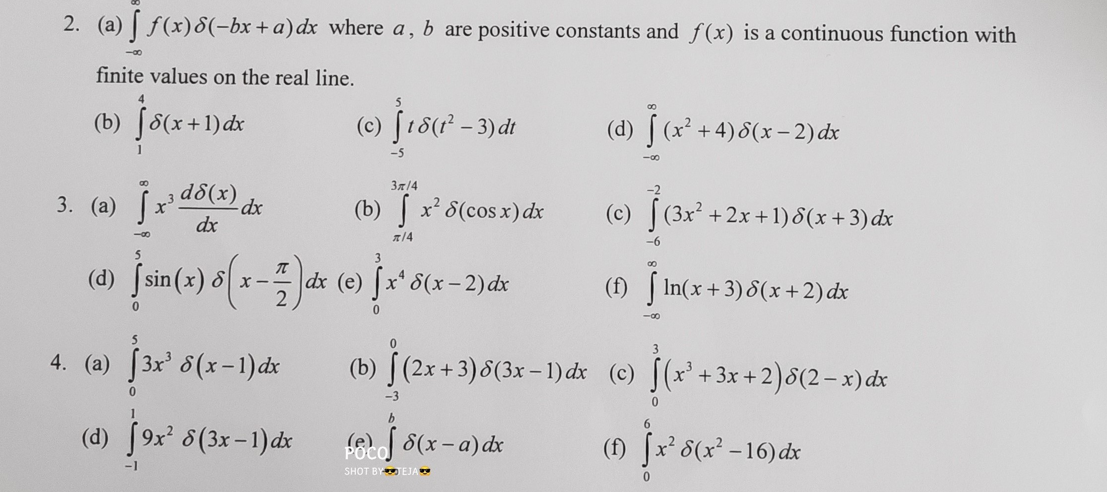Solved (a) int_(-oo)^(oo)f(x)delta(-bx+a)dx where a,b are | Chegg.com
