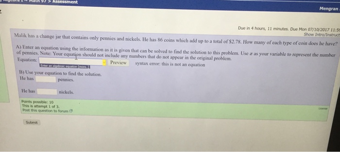 Solved Malik has a change jar that contains only pennies and | Chegg.com