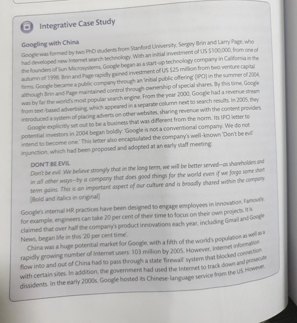 Solved Integrative Case Study Googling with China Google was | Chegg.com
