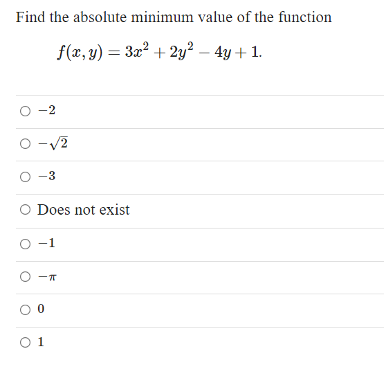 Solved Find the absolute minimum value of the function f(x, | Chegg.com
