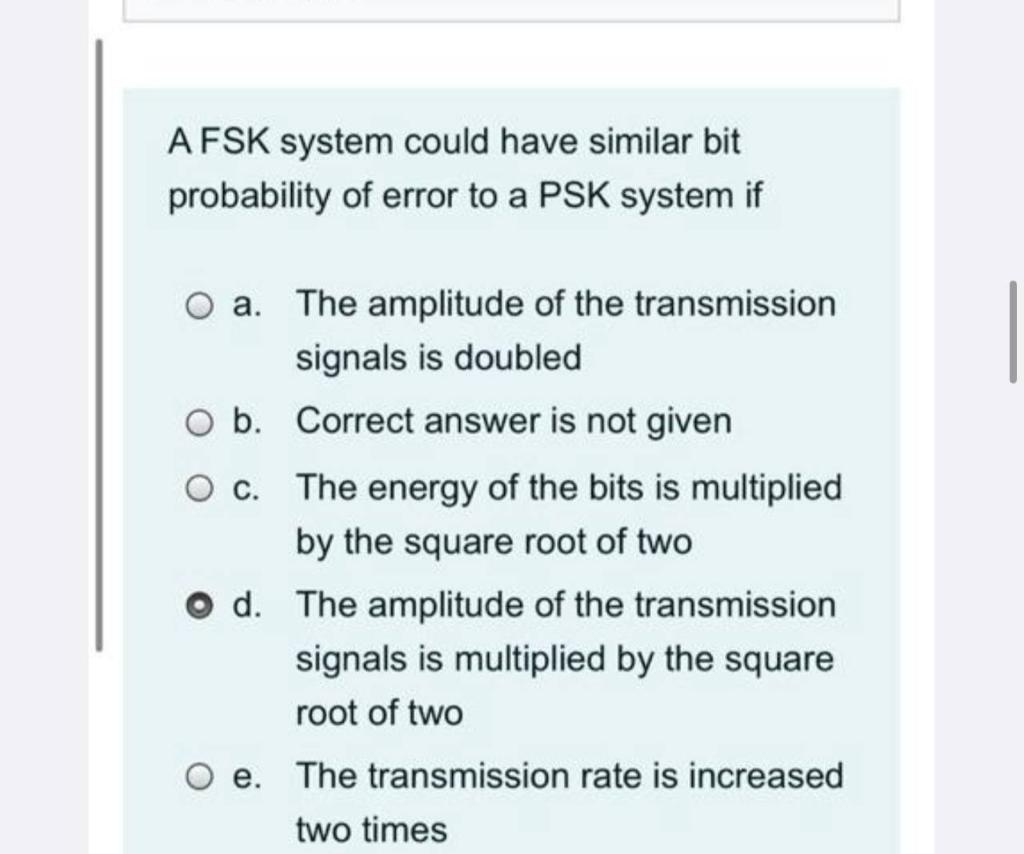 Solved A FSK system could have similar bit probability of | Chegg.com