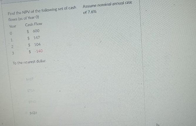 Solved find the npv of the following set of cash 600 147 104 | Chegg.com