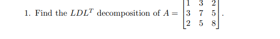 Solved 1. Find the LDLT decomposition of A=⎣⎡132375258⎦⎤. | Chegg.com