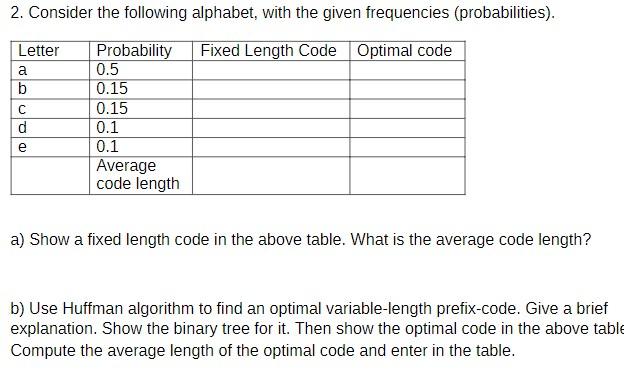 Solved 2. Consider the following alphabet, with the given | Chegg.com