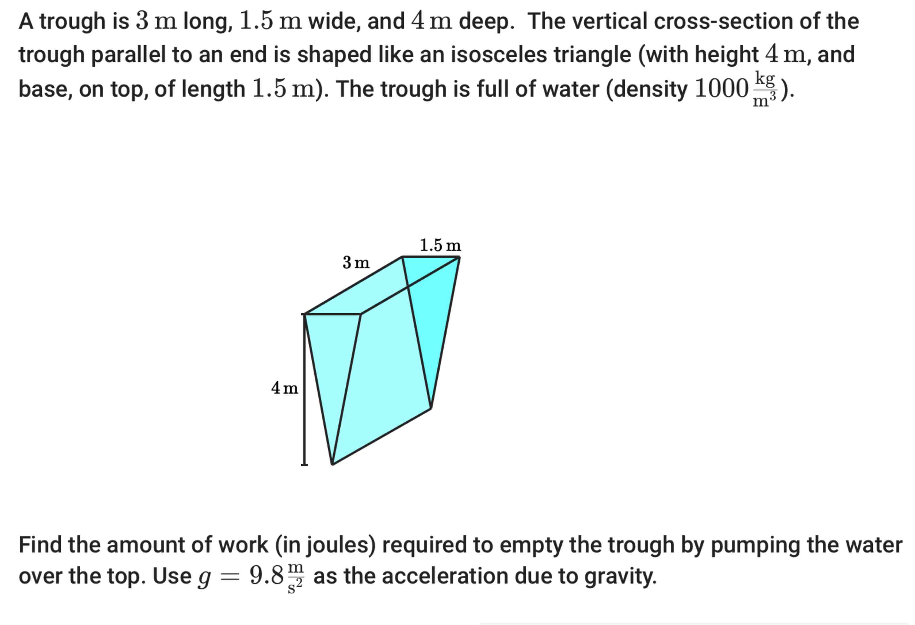 Solved A trough is 3m ﻿long, 1.5m ﻿wide, and 4m ﻿deep. The | Chegg.com
