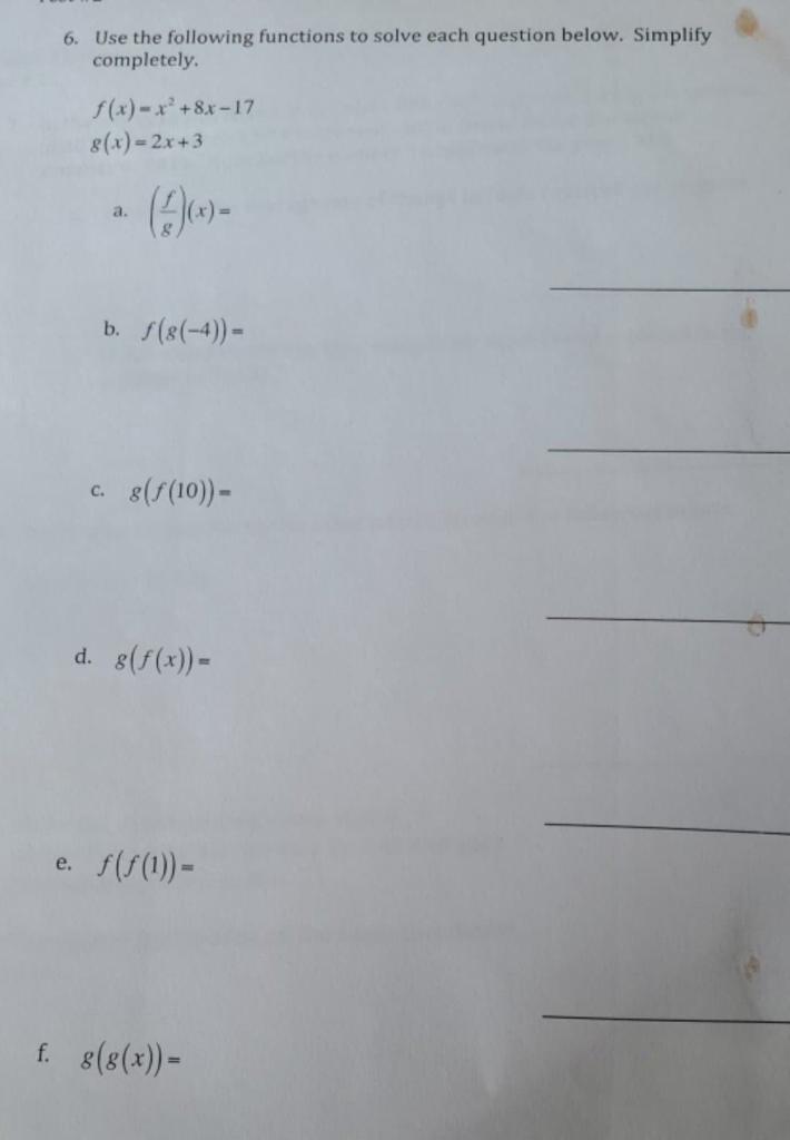 Solved 6. Use the following functions to solve each question | Chegg.com