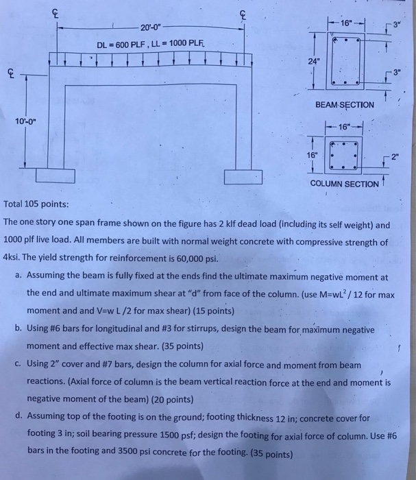 16"-- 20-0" DL-600 PLF ' LL = 1000 PLF 24" r 3" BEAM | Chegg.com