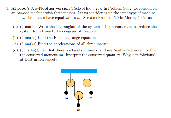 Solved 3. Atwood's 3, a-Noether version (Redo of Ex. 3.29). | Chegg.com