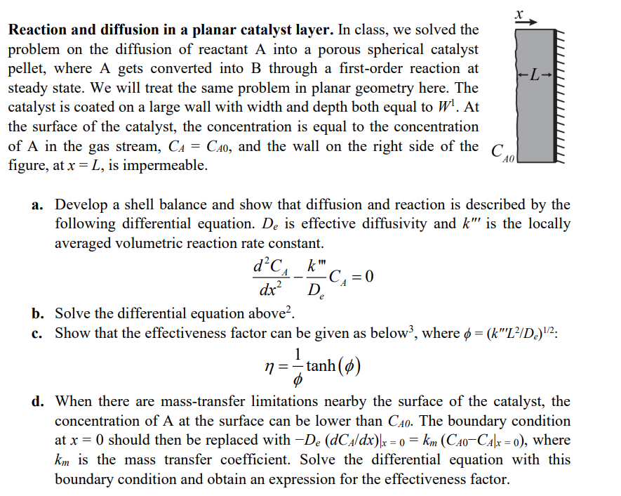 Solved Reaction and diffusion in a planar catalyst layer. In | Chegg.com