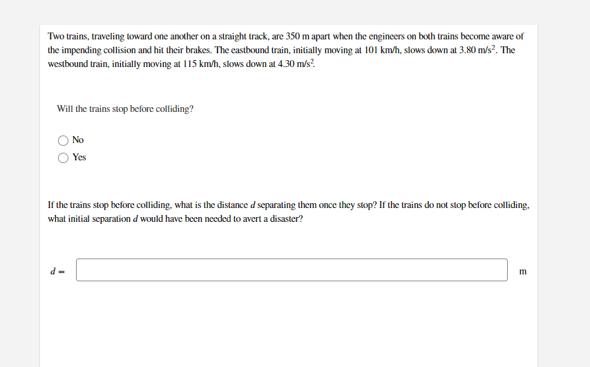 Solved Two trains, traveling toward one another on a | Chegg.com