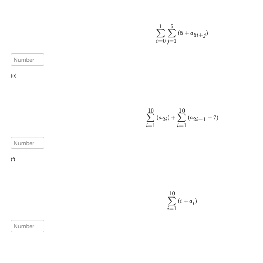 Solved 1 5 ΣΣ (5 + 15+3) i=0j=1 Number (e) 10 Σ (121) + Σ | Chegg.com