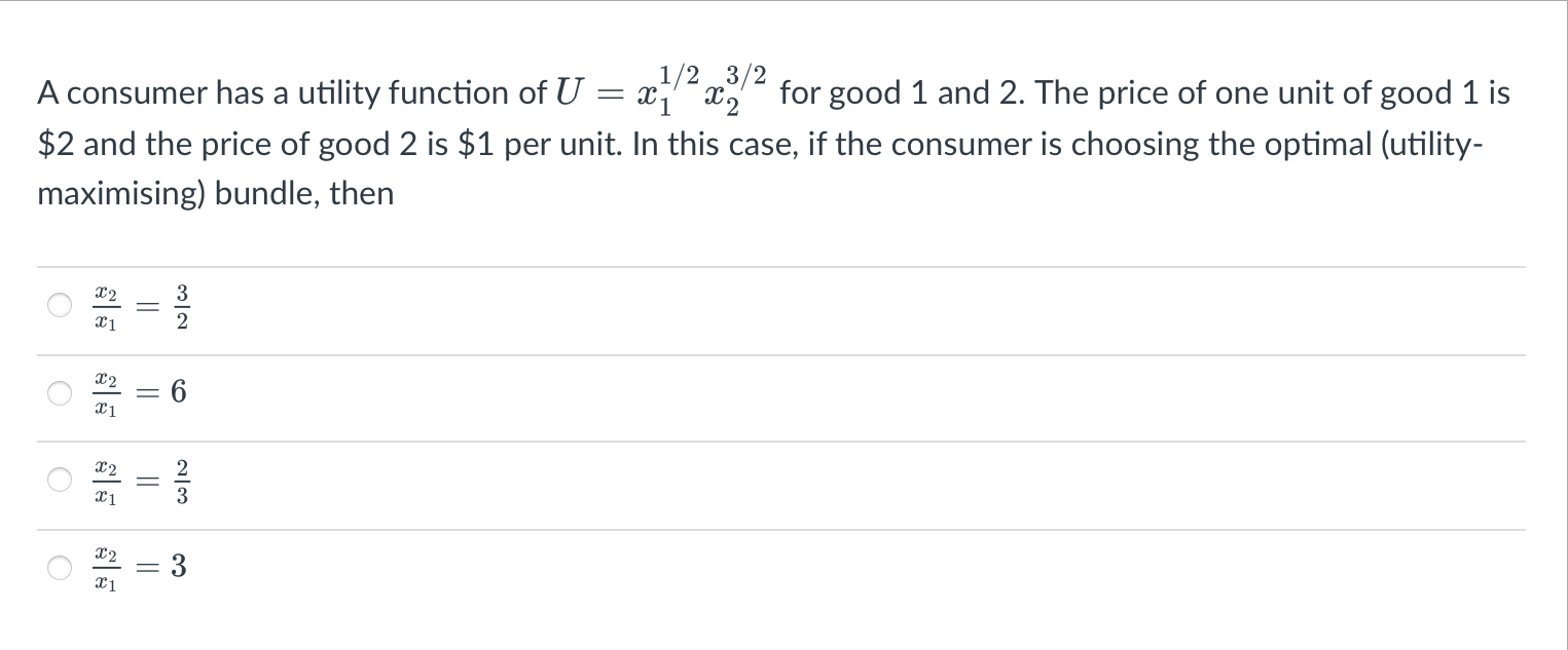 Solved A consumer has a utility function of U=x11/2x23/2 for | Chegg.com