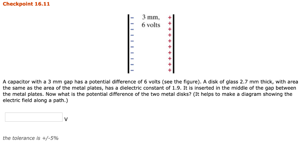 Solved A capacitor with a 3 mm gap has a potential | Chegg.com
