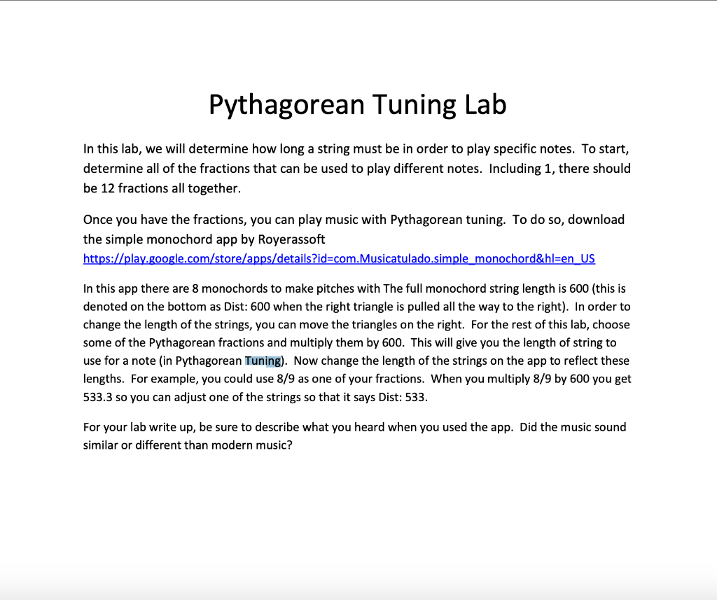 Pythagorean Tuning Lab In this lab, we will determine | Chegg.com