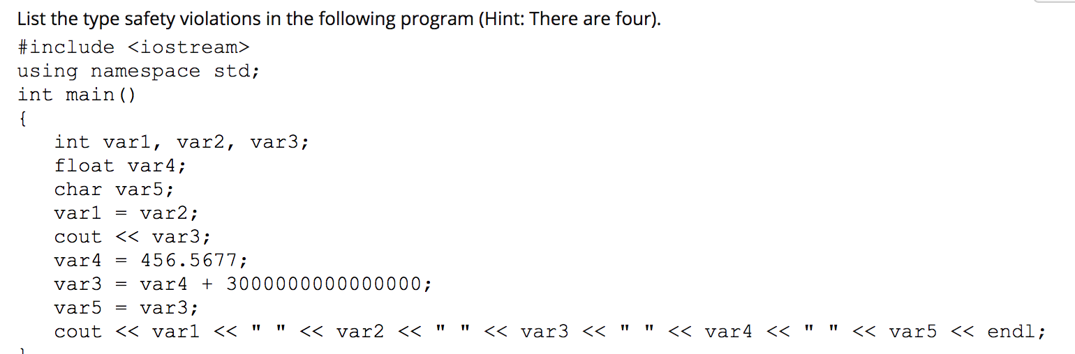 Solved List the type safety violations in the following | Chegg.com