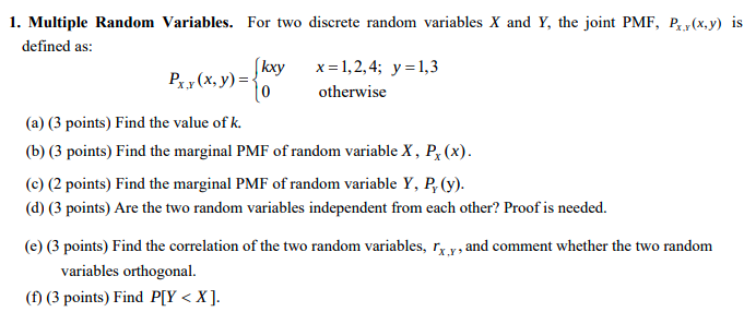 Solved Pror(x, y) = {kxy 1. Multiple Random Variables. For | Chegg.com