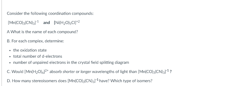 Solved Consider the following coordination compounds: | Chegg.com