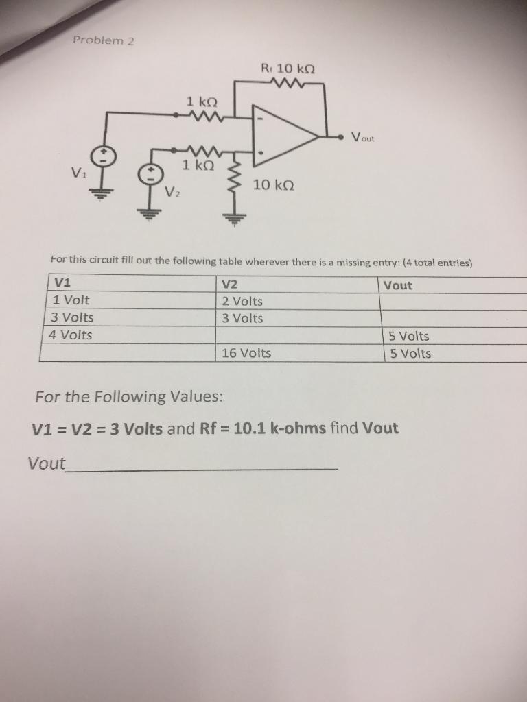 Solved Problem 2 R: 10 kg 1 kg Vout 1kΩ V2 w 10 ko V2 For | Chegg.com