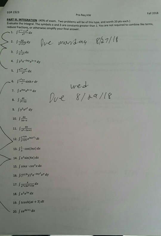 Solved EGR 2323 Fall 2018 Pre-Req Hw PARTIll-INTEG Evaluate | Chegg.com